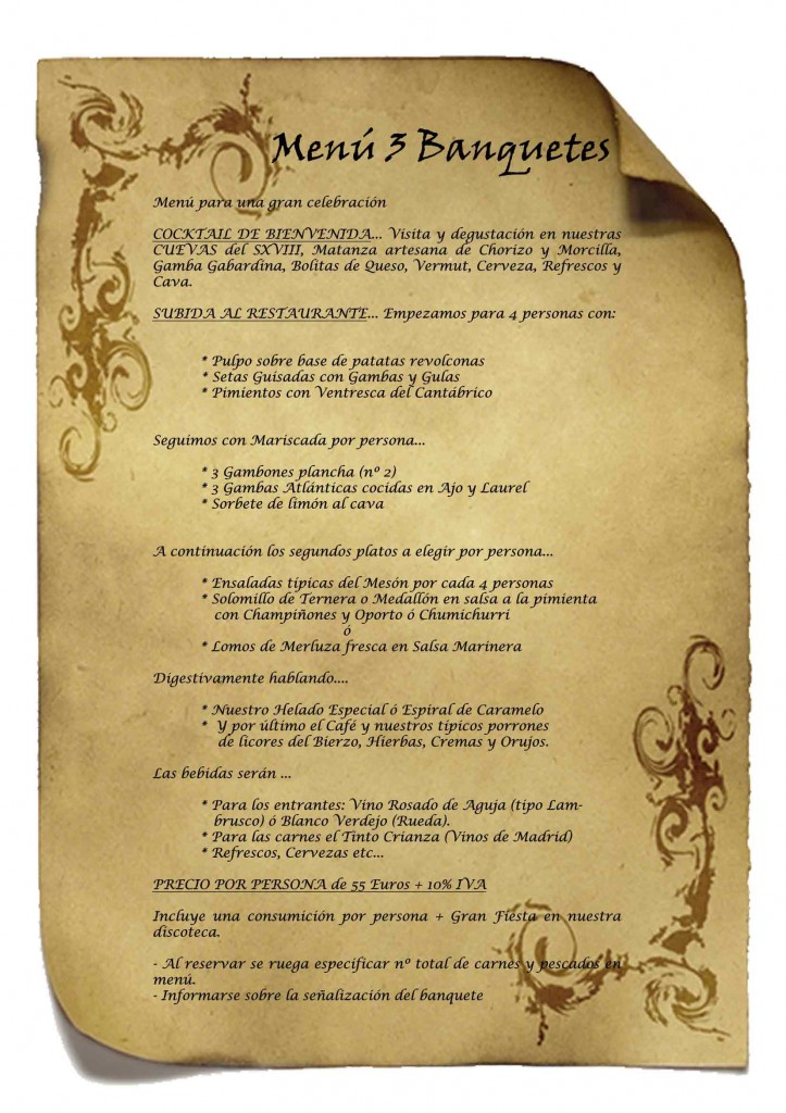 Menu banquetes para bodas en Las Cuevas del principe de Navalcarnero